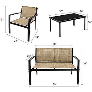 Flamaker 4 Pieces Patio Furniture Outdoor Furniture Set Textilene Bistro Set Modern Conversation Set Black Bistro Set with Loveseat Tea Table for Home, Lawn and Balcony (Yellow)