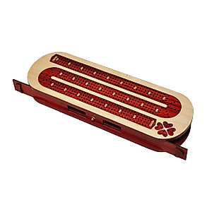 PALM ROYAL HANDICRAFTS 4 Track Wooden Cribbage Board Set Inlaid in Blood Wood and Maple Wood with pegs and Cards Storage Available. 4 Player Cribbage Board (15 x 5 Inches)