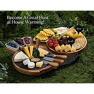 Dofira Nautilus Cheese Board and 4 Knife Set, Acacia Wood Large Round Charcuterie Board Kit with Slate Platter & Ceramic Bowls, Kitchen Gift Set for Housewarming, Bridal Shower, Wedding, Anniversary