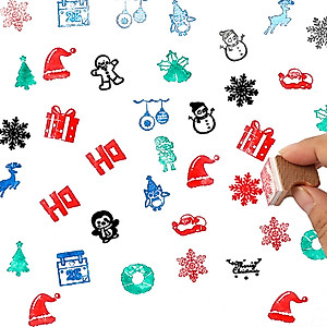 HOWAF 24pcs Wooden Christmas Stamps with Ink Pad for Kids Crafting Card Making Painting, Christmas Stamp for Children DIY Scrapbooks Wrapping Paper Gift Christmas Party Bag Fillers Favor Supplies Xmas