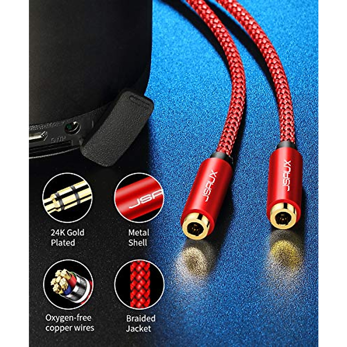 JSAUX Headphone Splitter 3.5mm, Audio Splitter 2 Female to 1 Male, Dual Headphone Adapter Compatible with PS4, PS5, Xbox, Nintendo Switch, PC Gaming Headsets, Phone, Tablet, Laptop and More-Red