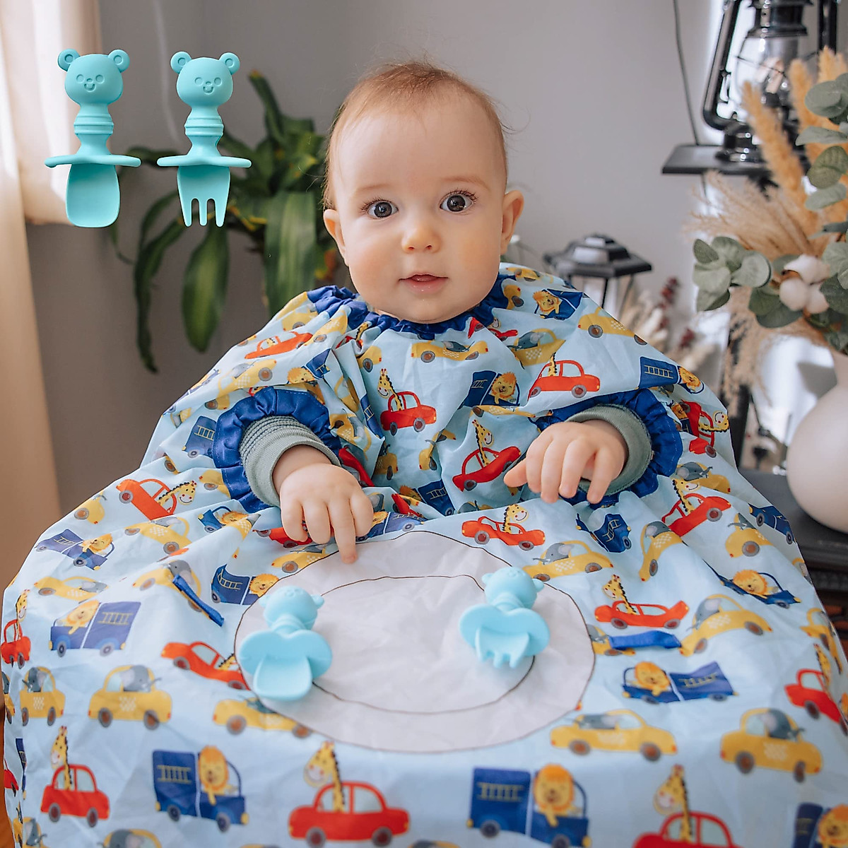 CUTE COMFORTZ Coverall Feeding Bibs Covers to Standard Highchair with Silicone Spoon & Fork, Waterproof allover Bib for Babies