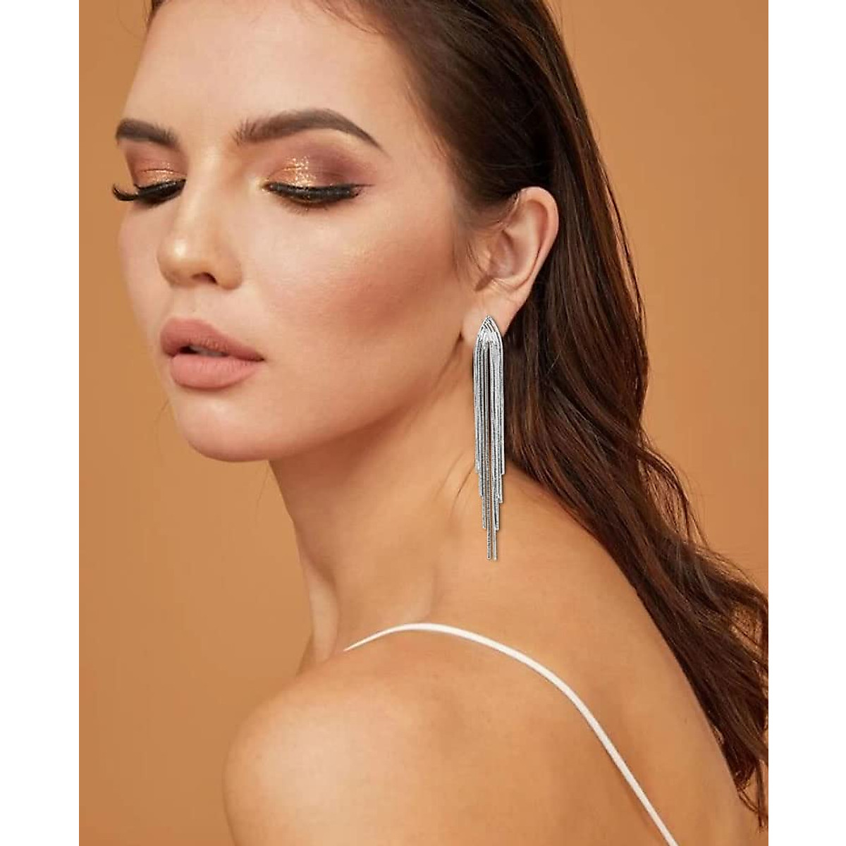 Long Silver Earrings for Women Dangling Silver Tassel Earrings Silver Long Metal Chain Tassel Dangle Earrings Silver Fringe Earrings Geometric Earrings Bridesmaid Jewelry