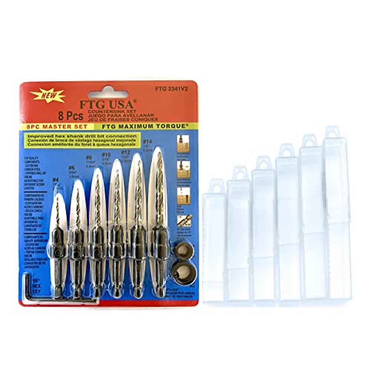 FTG USA Wood Countersink Drill Bit Set 6 Sizes Set Countersink HSS M2 Tapered Drill Bits, Quick Change Hex Shank Countersink bit, with 6 Storage Containers, 2 Stop Collars, 1 Allen Wrench
