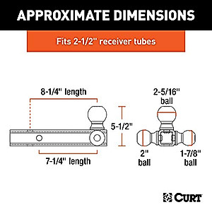 CURT 45651 Multi-Ball Trailer Hitch Ball Mount, 1-7/8, 2, 2-5/16-Inch Balls, Fits 2-1/2-Inch Receiver, 14,000 lbs