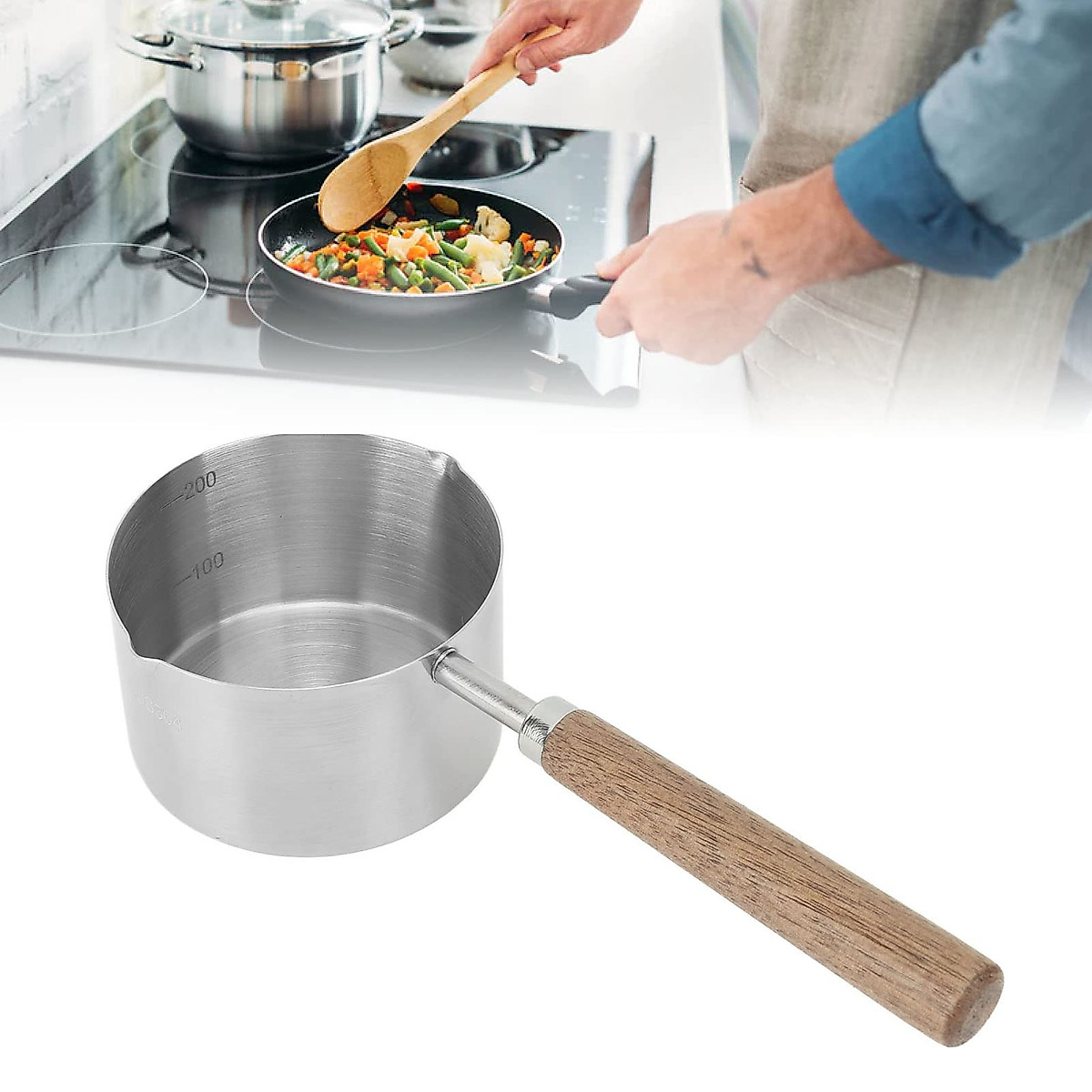 Stainless Steel Butter Warmer, Mini Saucepans with Wooden Handle Heat Resistant Prevent Scalding Flat Bottom Stovetop Milk Chocolate Melting Boiling Pot with Dual Pour Spout 200ml