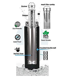 VIBRANT ALL IN ONE Travel Mug - TEA INFUSER Bottle WITH 2 PIECE EXTRA-LONG STEEPER STRAINER MESH FILTER - HOT COFFEE THERMOS - Cold FRUIT INFUSED Water LEAK PROOF Double wall Stainless Steel 16.9 oz