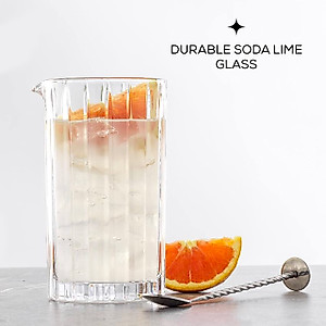 JoyJolt Mixing Glass Pitcher - Alina Ribbed Glassware. 20oz Cocktail Mixing Glass Beaker, Modern Art Deco Cocktail Stirring Glass, Heavy Base Glassware.