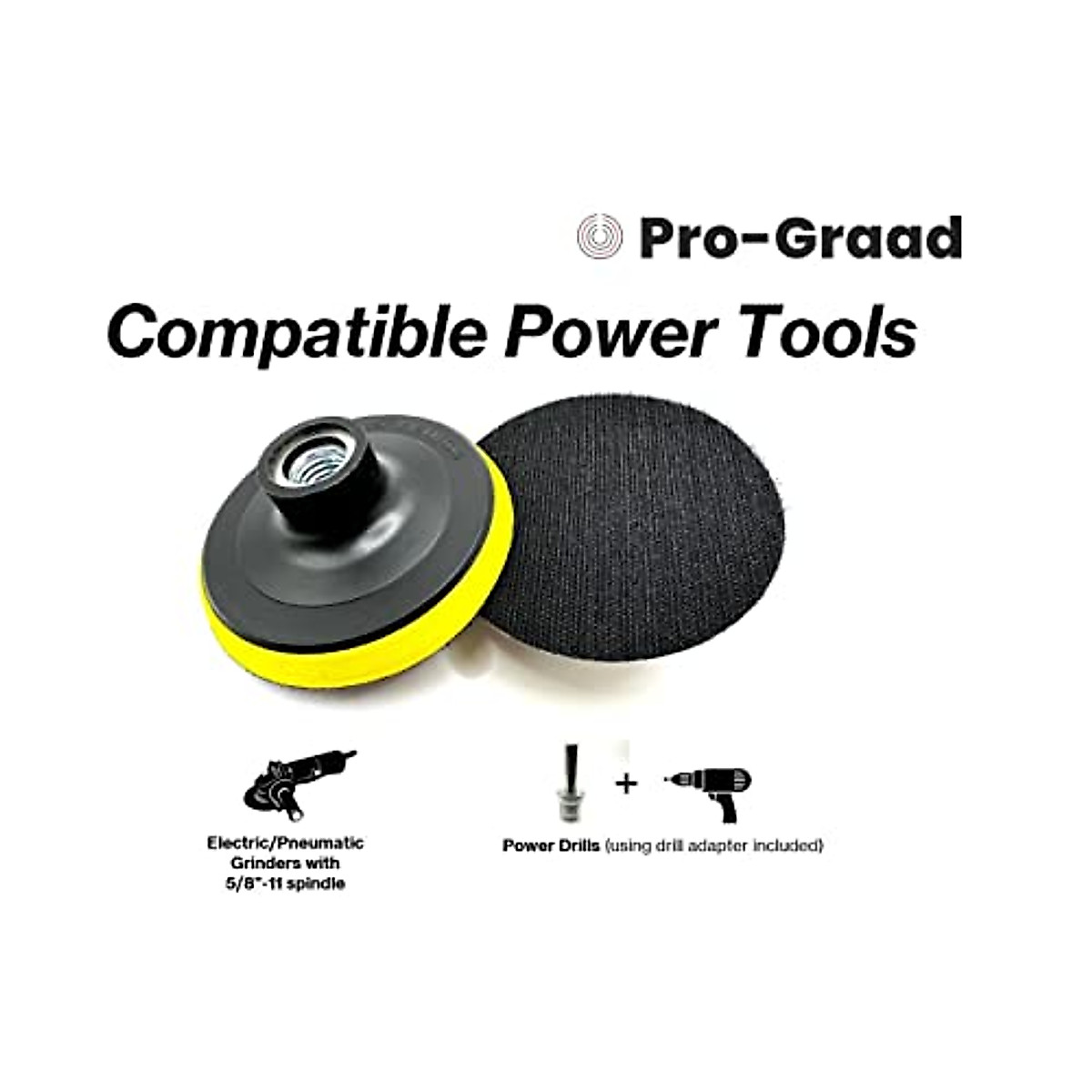 Pro-Graad 2 Pack 4" Hook and Loop Backing Pads Foam Backer Pad with 5/8”-11 – 4 inch Backup Pads for use with Angle Grinder or Drill Sanding Polishing Discs – Includes 2pcs 0.30” (8mm) Shank Adapters
