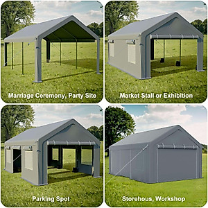Carport 13'x20' Heavy Duty Portable Garage, 4 Roll-up Doors & 4 Windows Waterproof Carport Canopy for Car Truck Boat, All-Season Tarp,Gray