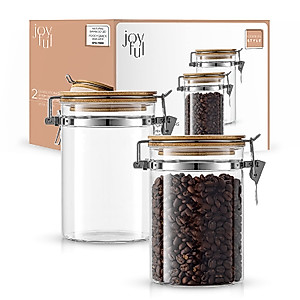 JoyJolt Borosilicate Glass Jars With Bamboo Lids (27oz). 2PC Set of Airtight Storage Jars with Clamp Lids for Pantry Storage. Air Tight Sealable Containers for Kitchen Organization.