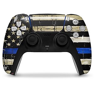 WraptorSkinz Skin Wrap compatible with Sony PS5 DualSense Controller Painted Faded Cracked Blue Line Stripe USA American Flag (CONTROLLER NOT INCLUDED)