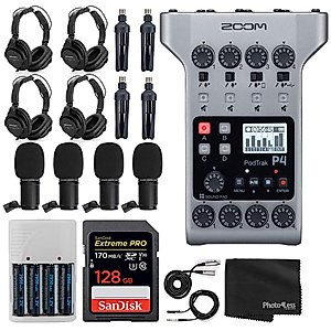 Zoom PodTrak P4 Portable Multitrack Podcast Recorder + 4x Zoom M-1 Mic + 4x Headphones + 4x Tabletop Stand + 128GB Extreme PRO SDXC Memory Card + AA Batteries and Charger – 4 Person Podcasting Bundle