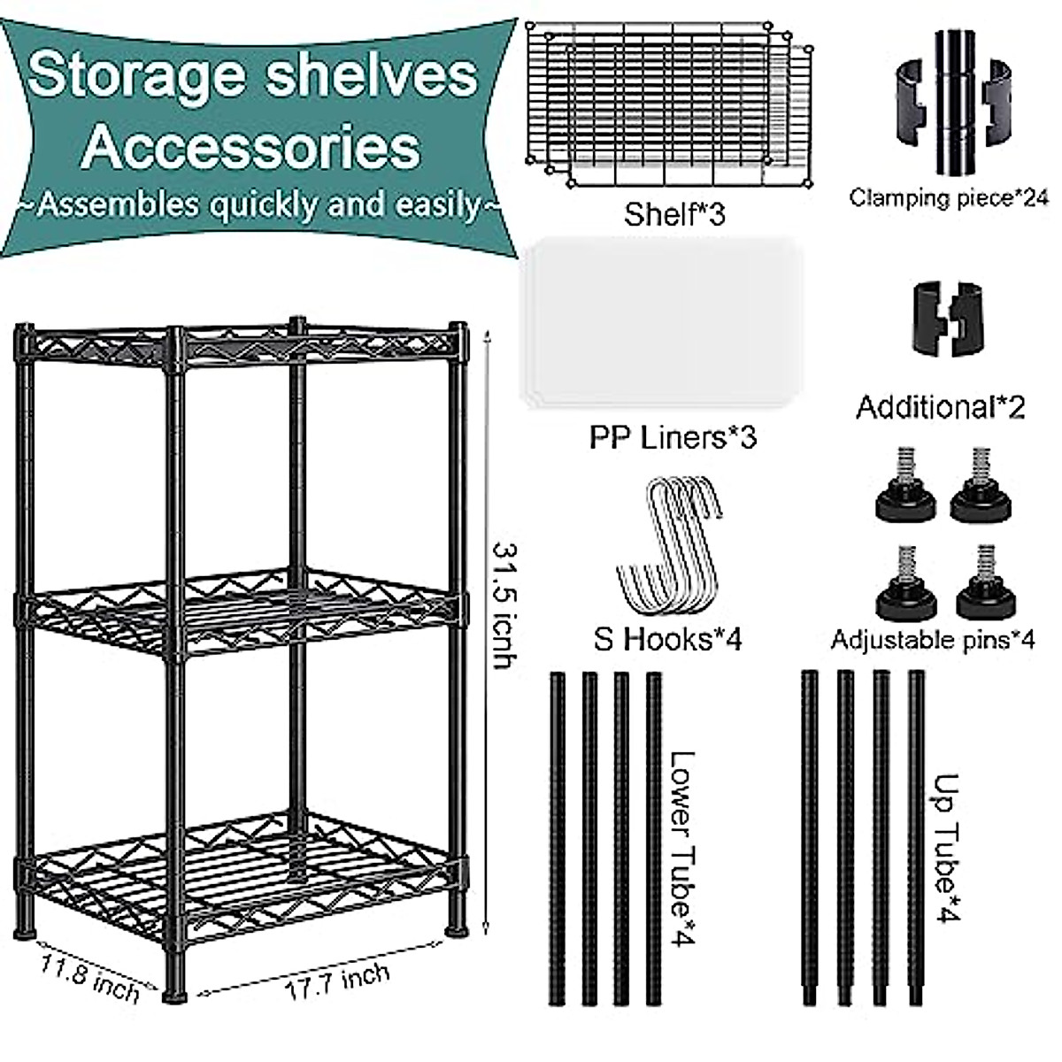 Santoy 3 Tier Storage Shelves Adjustable,Rack Metal Shelf Unit for Kitchen, Bathroom, Pantry, Closet, and Bedroom - Strong Steel Wire Organizer (Black, 17.7" L x 11.8" W x 31.5" H)