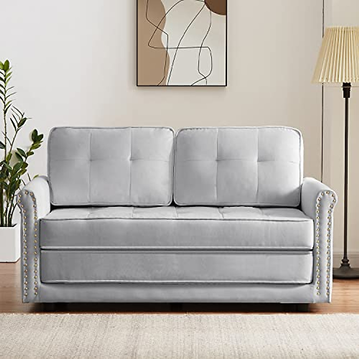 Antetek Loveseat Sleeper Sofa Bed, Modern Velvet Fabric Upholstered Futon Sofa Couch, Twin Floor Gaming Sofa, 54-inch Small Love seat, Foldable Lazy Recliner Sofa for Living Room Apartment, Grey