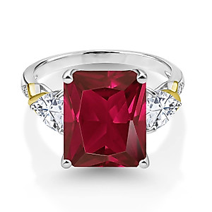 925 Sterling Silver and 10K Yellow Gold Build your Own Personalized Gemstone Birthstone and White Diamond 3 Stone Women Ring (12X10MM Emerald Cut and 5MM Trillion Cut, Available In Size 5, 6, 7, 8, 9)