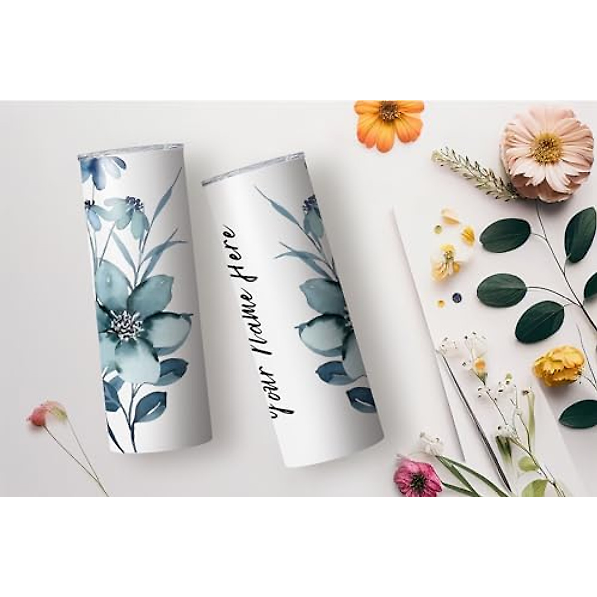 Personalized Flowered Skinny Tumbler 20Oz, Stainless Steel with lid, Straw, Brush and Non-Slip Base. Keep Drinks Hot or Cold. Use like Water Bottle, Coffee Mug, Travel Mug, Wine Cup. (Light Blue)