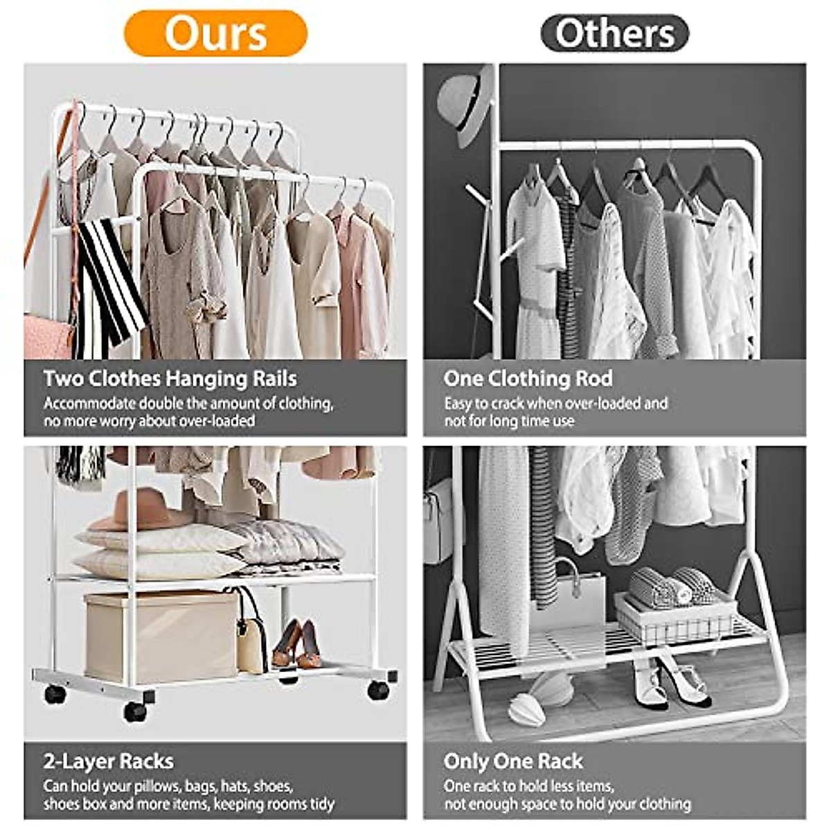 Moclever Rolling Clothes Racks For Hanging Clothes, Garment Rolling Rack With Wheels Double Rails Clothes Rack Rolling Rack For Indoor Bedroom Clothes Rack