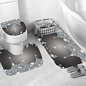 Mightree 4 PCS Bathroom Shower Curtain Set, 71 x 65 inch Waterproof Fabric Bathroom Curtain with 12 Hooks, Toilet Lid Cover and Bath Mat, Non-Slip Rug Foot mat, Gray Diamond