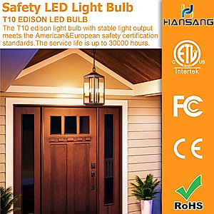 hansang E26 Edison LED Bulb, 40W Equivalent, 3000K Warm White Dimmable Tubular T10 LED Bulb, E26 Base Light Bulbs for Chandelier, Decorative Light Bulbs with Clear Glass, 120V, CRI85+, 400LM, 6 Pack