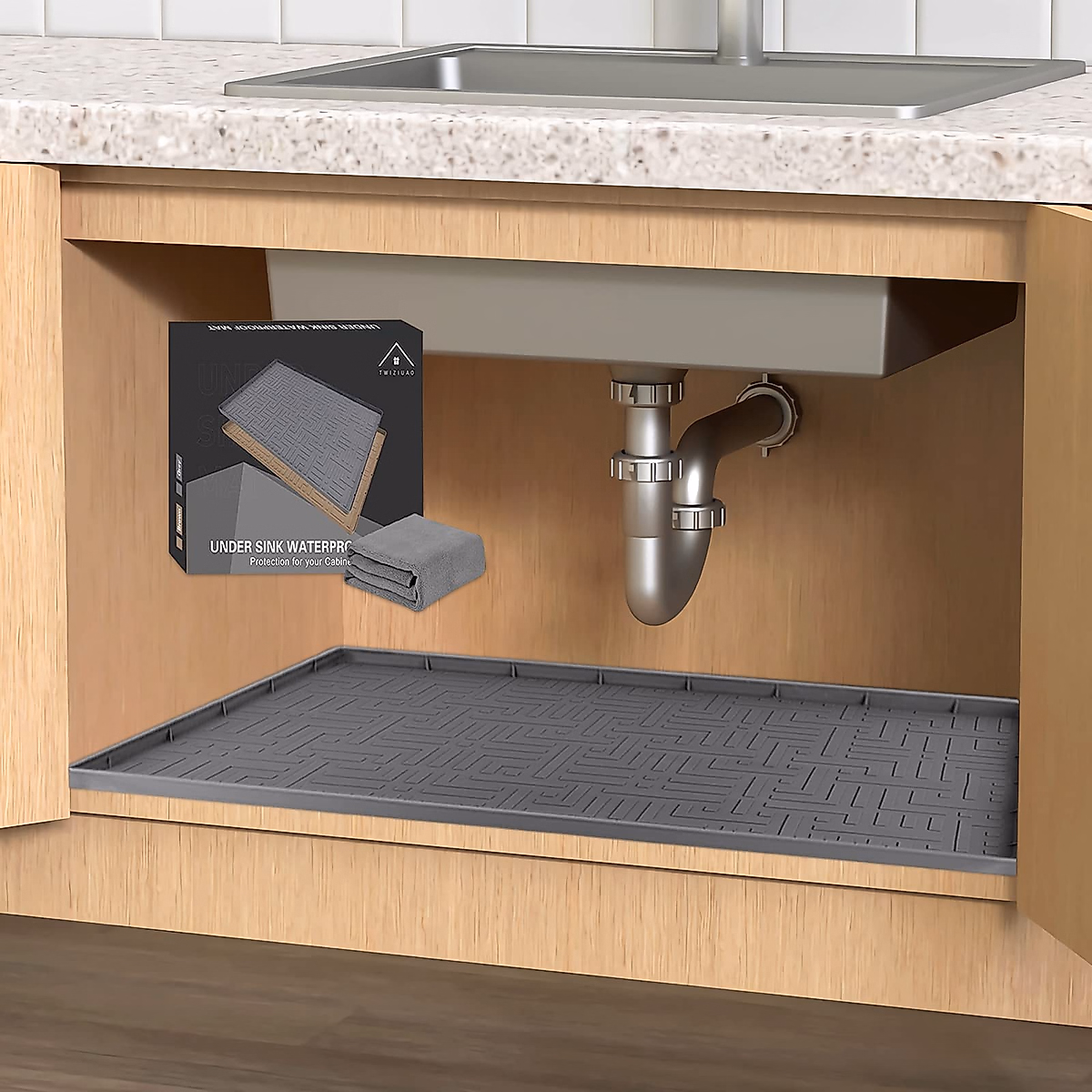 Under Sink Mat for Kitchen, 34"x21" Silicone Waterproof Mat Kitchen Bathroom Waterproof Cabinet Mat Sink liner, Protector for Under Sink Tray for Drips Leaks Mat, Hold Up to 4 Gallons - Grey