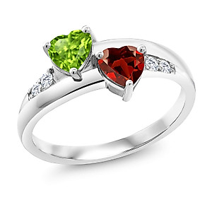 Gem Stone King 925 Sterling Silver Green Peridot Red Garnet and White Lab Grown Diamond Women Ring (1.13 Cttw Heart Shape, Available in size 5, 6, 7, 8, 9)