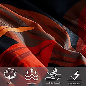 WRENSONGE Floral Duvet Cover Queen, 3 Pcs Black Red Flowers and Leaves Printed Comforter Cover with Zipper Corner Ties, Microfiber Duvet Cover Bedding Set for All Season, Soft, Breathable, Durable