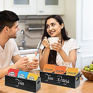 Tea Bag Organizer Set of 2, Wooden Tea Box with Handle, Tea Bag Holder for Tea Storage, Coffee Bar Accessories and Organizer, Tea Caddy Chests Container for Counter Cabinet, Sugar Packet Holder(Black)