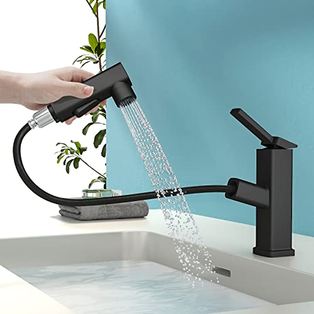 HEROBAI Single Hole Bathroom Faucet, Single Handle Modern Pull Out Bathroom Sink Faucet with 3 Water Flow Modes, Fountain Bathroom Faucets with Sprayer (Black, Regular)