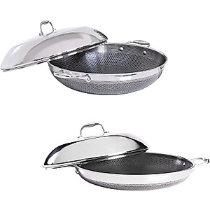 HexClad 4 Piece Hybrid Stainless Steel Cookware Set - 14 Inch Wok and14 Inch Frying Pan with Lid, Stay Cool Handles, Dishwasher and Oven Safe, Non-Stick