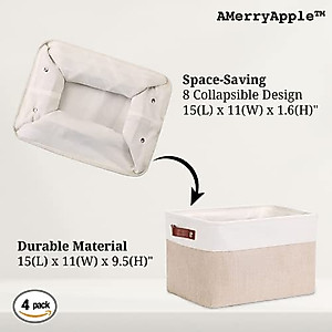 AMerryApple - Storage Basket | Collapsible Storage Bins | Sturdy Bins for Organizing | Fabric Storage box for Towels Toys, Clothes, Closet, and Shelves | Pack of 4 | Beige and White | 15" x 10" x 9.5"