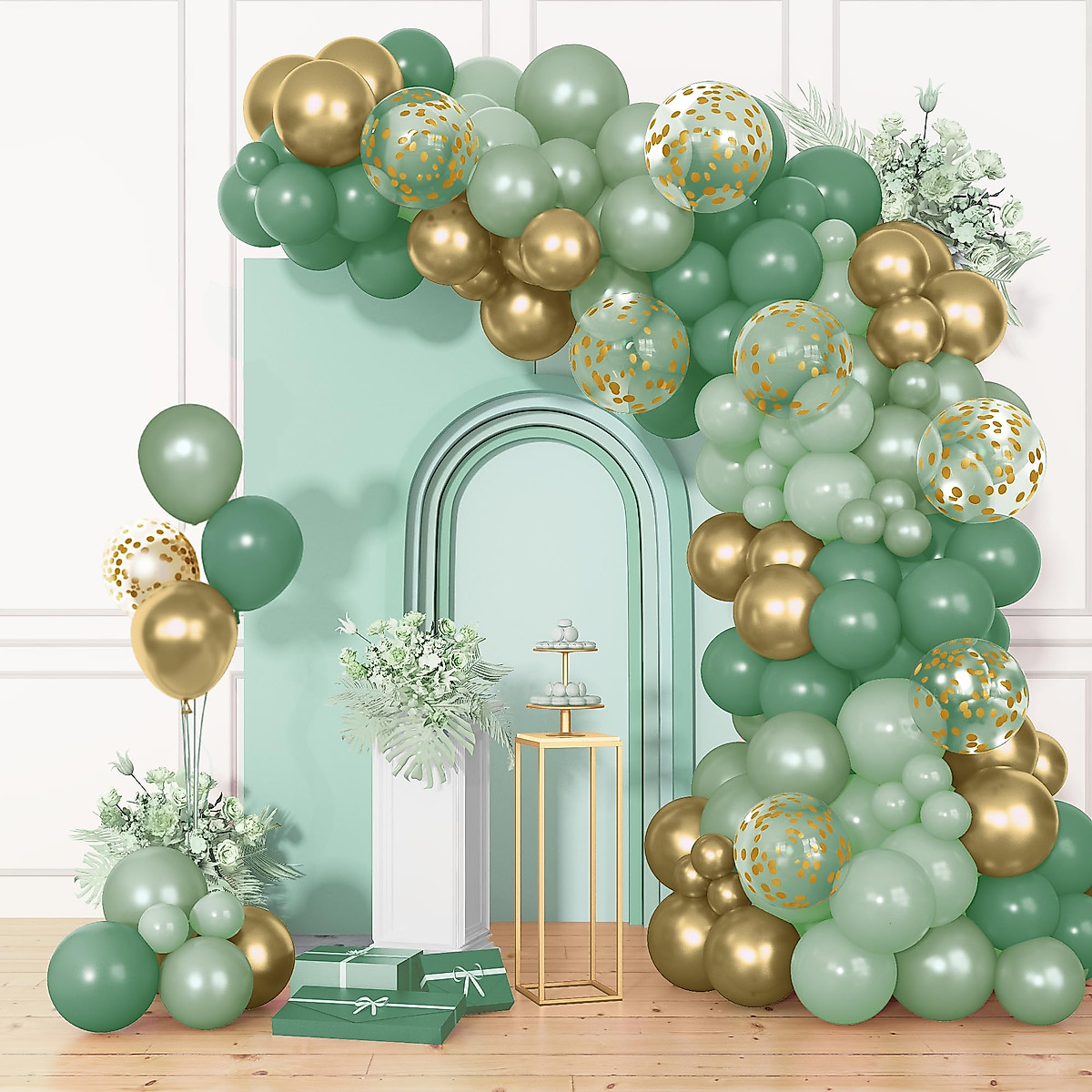 72Pcs Sage Green Balloons Set, Green Latex Balloon with 12inch 5inch Pearl Green Balloons Metallic Gold Balloons Light Olive Green Coffetti Balloons for Baby Shower Birthday Wedding Party Decorations