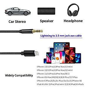 Enbiawit Lightning to 3.5mm AUX Stereo Audio Cable, Nylon Aux Cord Adapter for Car Compatible with iPhone 14/13/12/11/XS/XR/X/8/7/iPad to Speaker/Home Stereo/Headphone,Support All iOS