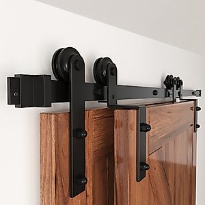 WINSOON 5FT Single Track Bypass Sliding Barn Door Hardware Kit for Double Doors, Low Ceiling, Easy Mount, Heavy Duty, Slide Quietly and Smoothly