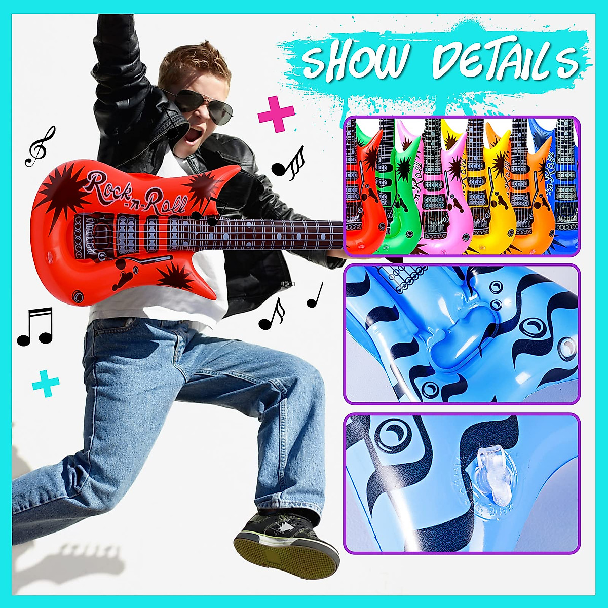 Max Fun Inflatable Rock Star Toy Set, 30 PCS 80s 90s Party Decorations Inflatable Party Props Musical Instrument Blow up Guitar Inflate Rock Band for Carnival Party Favors Rock and Roll Party Supplies