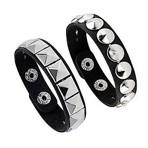 Eigso 2Pcs Black Leather Bracelet for Men Women Adjustable Hematite Punk Spike Metal Cuff Bangle