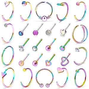Jenxnjsjo Nose Rings Hoops Studs Piercings Jewelry Set for Women 20g Green Surgical Stainless Steel 20 g Gauge Rainbow Aretes para La Nariz Cute Tiny Straight Bar Nostril Bone Pack Hypoallergenic