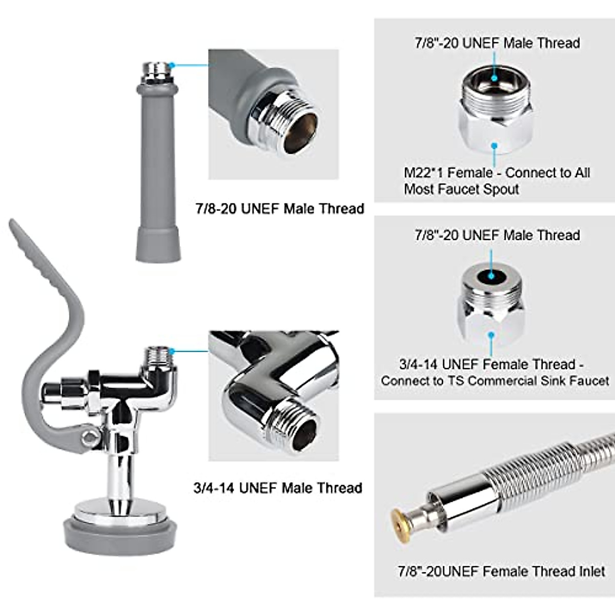 KANONEY Commercial Sink Sprayer with 45" Flexible Stainless Steel Hose, Pre-Rinse Dish Spray Valve Replacement Kit Assembly Sprayer Nozzle Head for Industrial Restaurant Kitchen Faucets, Gray