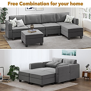 AYEASY 113'' Modular Sofa, Living Room L Shaped Couch with Storage Ottoman Sectional, Grey