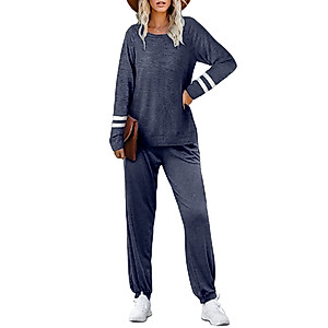 Ekouaer Sweatsuits Womens Loungewear Set Tracksuit Long Sleeve Pajamas Set with Pockets 2 Piece Outfits Lounge Sets Navy Blue XX-Large
