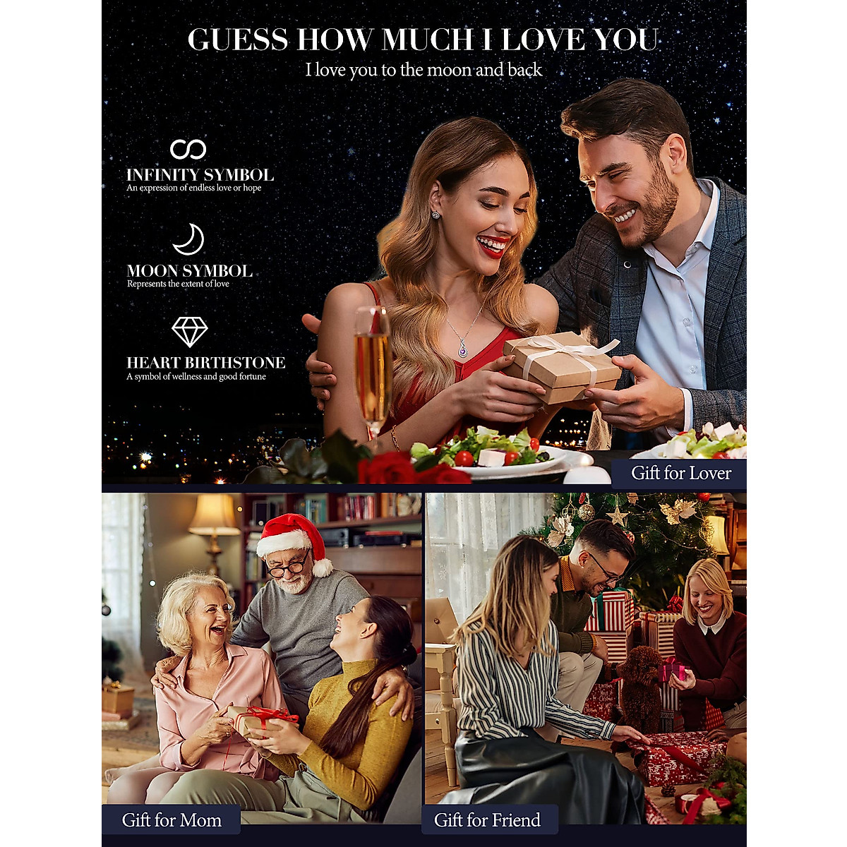 Jowaia Birthstone Necklaces for Women, 925 Sterling Silver Dainty Moon Infinity Pendant Necklace Created Amethyst Necklace Anniversary Birthday Christmas Gifts for Women Wife Mom