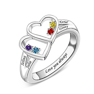 ORFANDE Personalized Mother Rings for Women with 2-8 Simulation Birthstones Custom Heart Birthstone Rings Customize Names Engraved Family Rings for Mothers Day, Brass, Cubic Zirconia