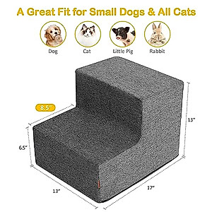 Sted Pet Stairs Dog Stairs 2 Steps, High Density Foam Dog Stairs for Couch, Widen Steps Pet Stairs with Non-Slip Bottom, Removable Washable Cover, Ideal for Older Injured Small Dogs Cats, Grey
