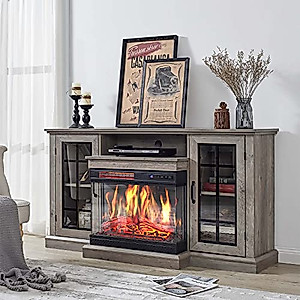 AMERLIFE 59'' Fireplace TV Stand, 3-Sided Glass Fireplace Rustic Media Entertainment Center Console Table for TVs up to 65'' with Glass Door Closed Storage, Wash Gray