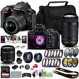 Nikon D3500 DSLR Camera with 18-55mm and 70-300mm Lenses (1588) USA Model + 64GB Extreme Pro Card + 2 x EN-EL14a Battery + Corel Photo Software + Case + 3 Piece Filter Kit + Telephoto Lens + More