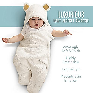 BlueMello Baby Bear Swaddle Blanket | Ultra-Soft Plush Essential for Infants 0-6 Months | Receiving Swaddling Wrap White | Ideal Newborn Registry and Toddler Boy Accessories | Perfect