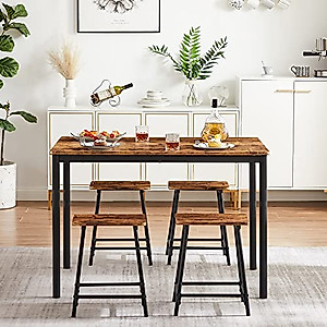 VECELO 5 Piece Dining Table Set for 4-6 Persons Rectangular Bar Dinette Metal and Wood Kitchen Furniture with 4 Stools for Breakfast Nook, Restaurant, Living Room, Space Saving, Industrial Brown