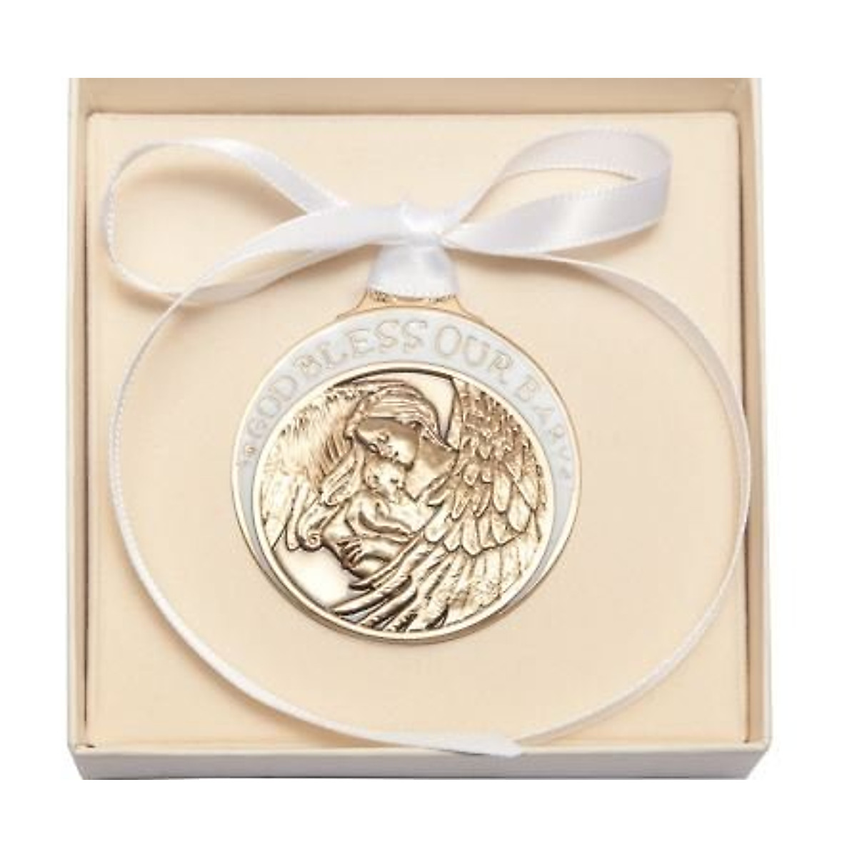 Gold Oxide Baby with Guardian Angel Crib Medal with White Ribbon - Boxed.