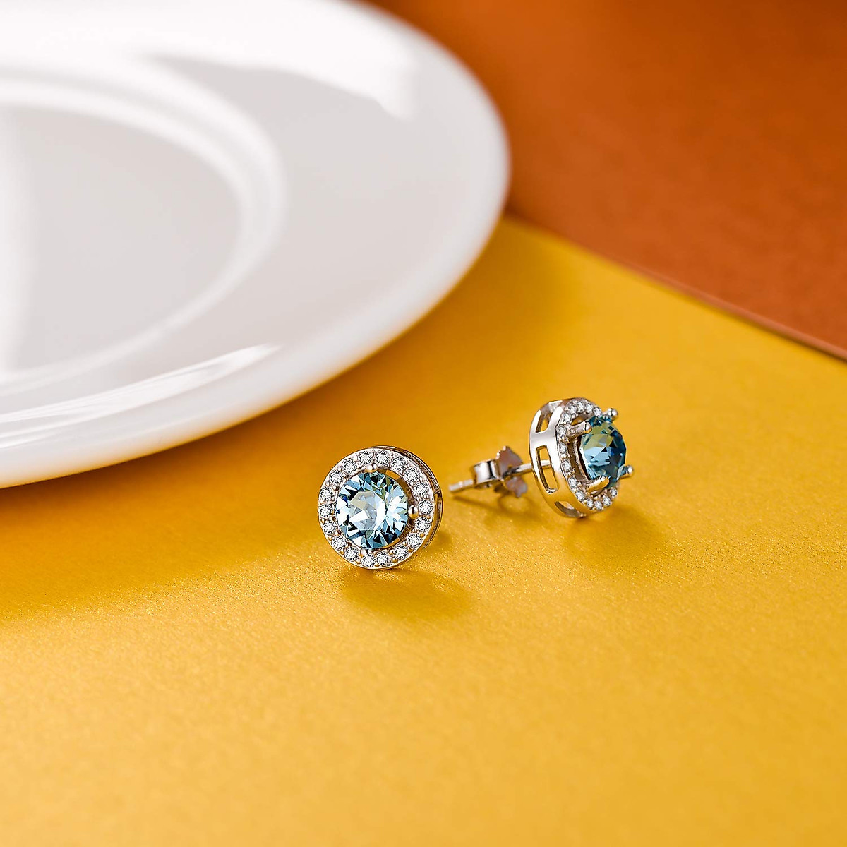 AOBOCO Sterling Silver Halo Earrings Stud Earrings for Women, Simulated Aquamarine Birthstone Crystals from Austria, Blue Wedding Gifts Earrings for Bride Anniversary Birthday Jewelry for Wife