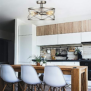 Capslpad Industrial Semi-Flush Mount Ceiling Light Vintage Close to Ceiling Lamp 3-Light Farmhouse Retro Metal Cage Ceiling Light Fixture for Bedroom Kitchen Foyer Hallway (Brushed Nickel)